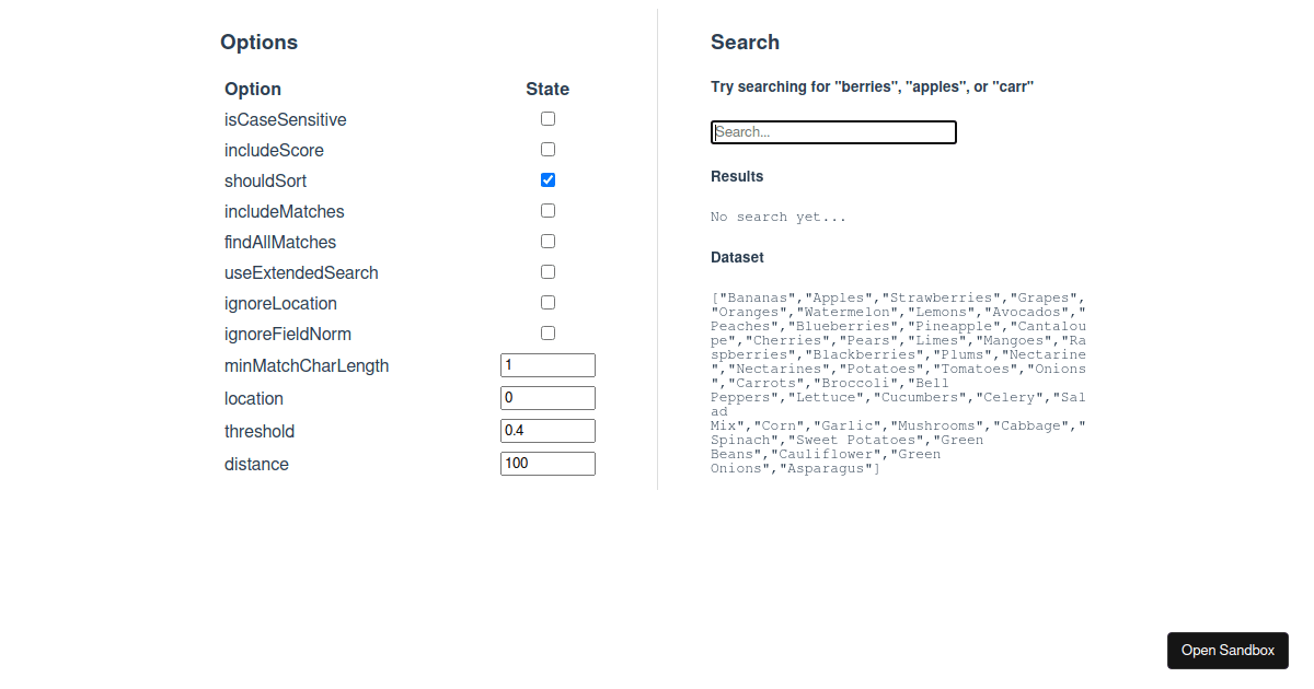 Fuse Options Demo (embedded) - Codesandbox