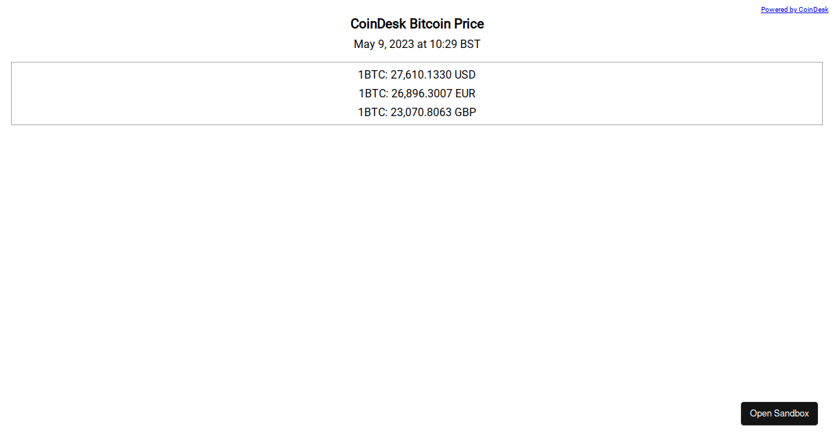 CoinDesk Bitcoin Live Price - Codesandbox