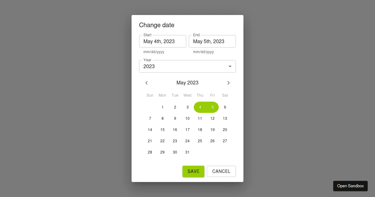 Material UI KeyboardDatePicker Range - Codesandbox