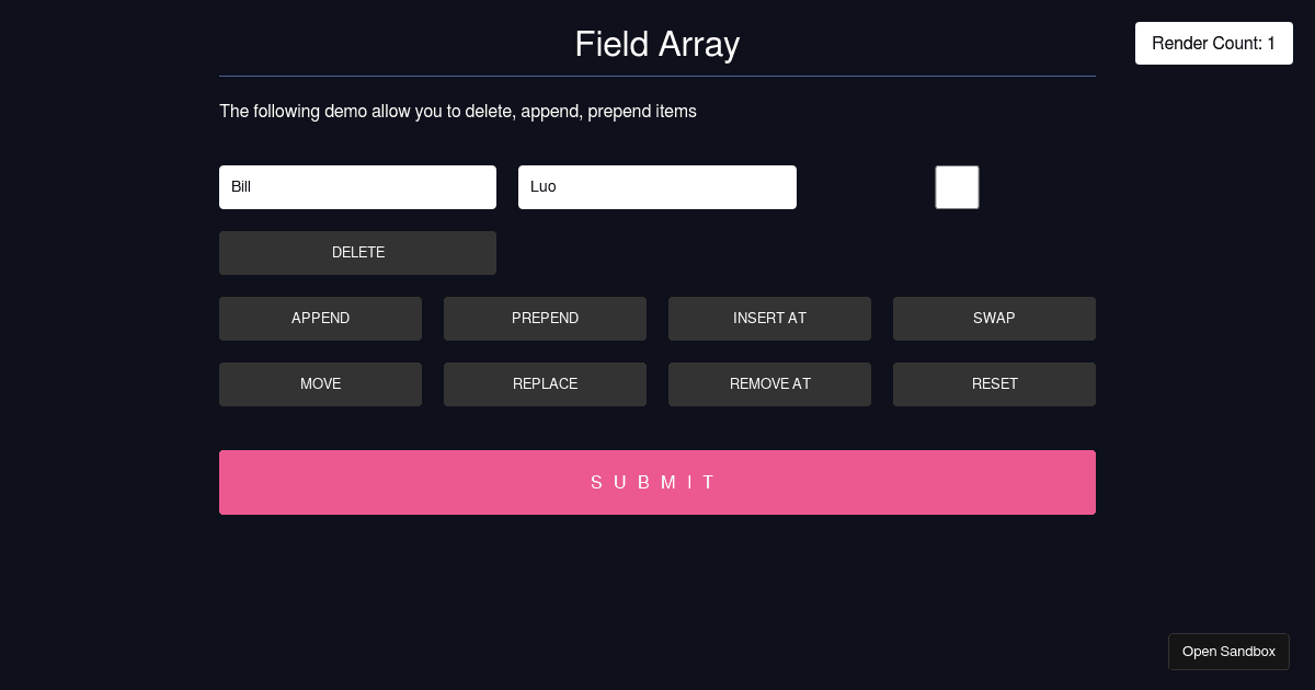 React Hook Form - useFieldArray (forked) - Codesandbox React Hook Form - useFieldArray (forked) - Codesandbox