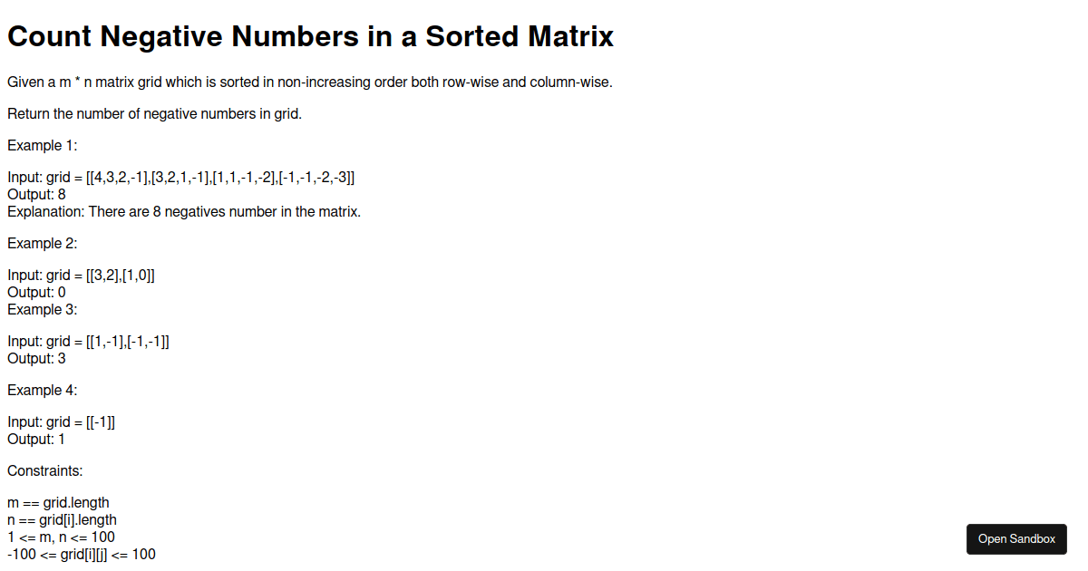 Count Negative Numbers In A Sorted Matrix Codesandbox