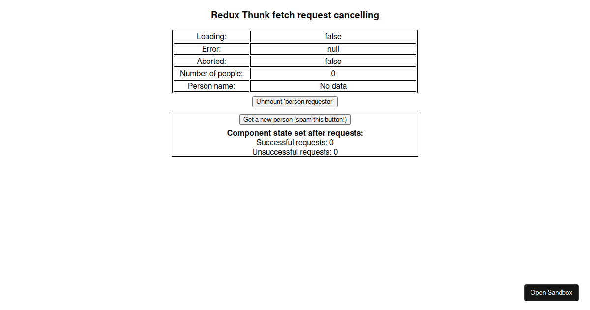 Redux Thunk fetch request cancelling - Codesandbox