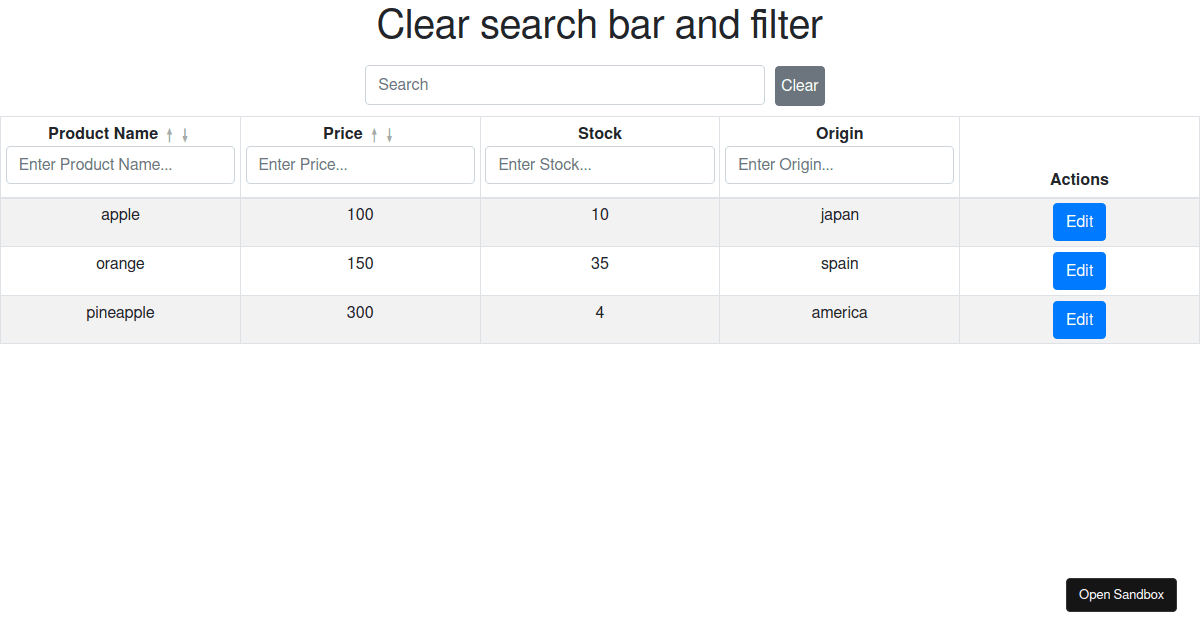React Bootstrap Table2 Clear Search Bar And Filter Forked Codesandbox