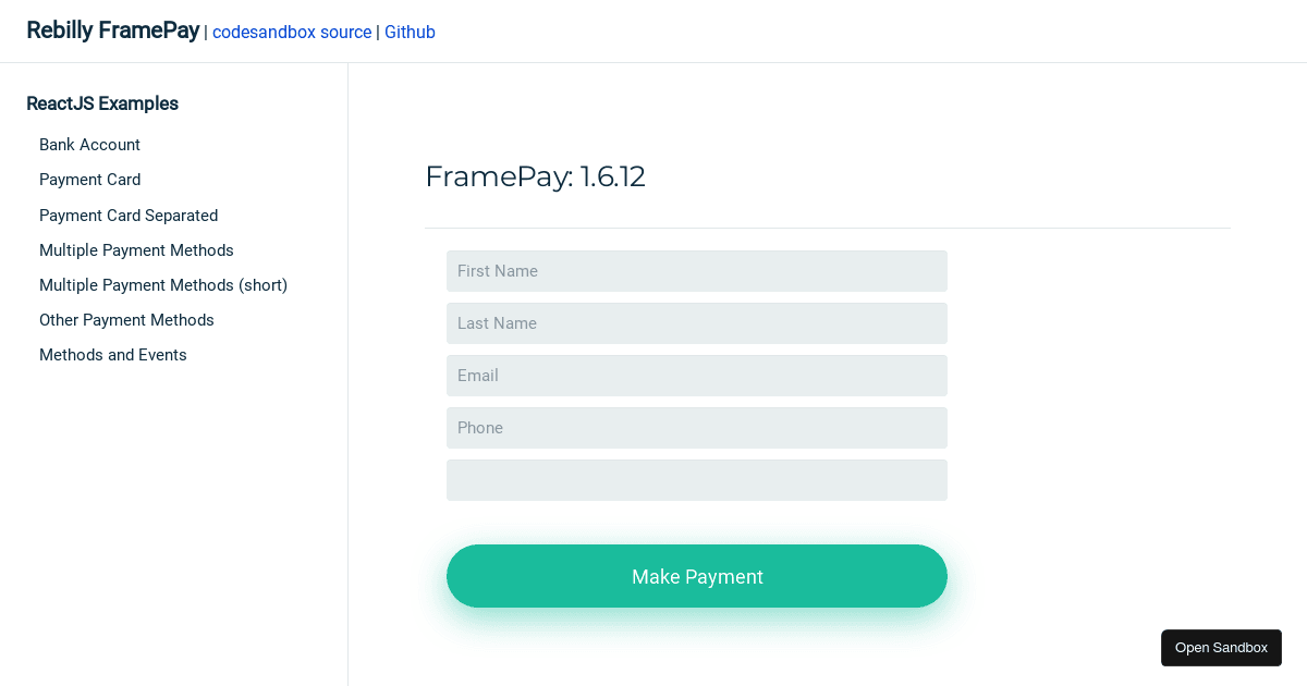 @rebilly/framepay-react/react-router - Codesandbox