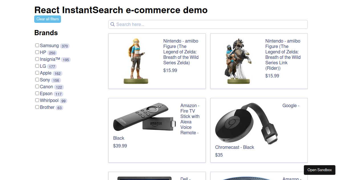 React InstantSearch - Algolia Insights API - Codesandbox