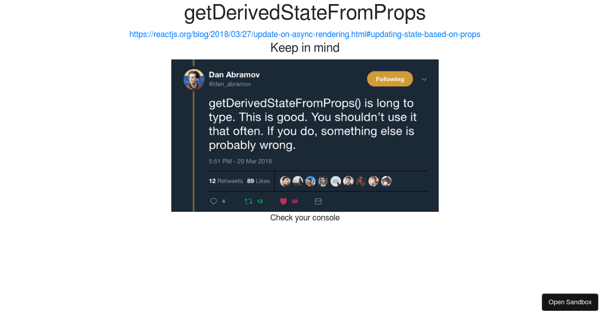React 16.3 - getDerivedStateFromProps - Codesandbox