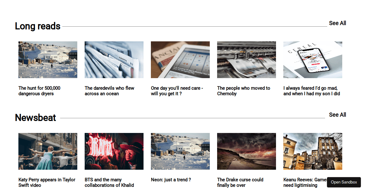React demo - news feed - Codesandbox