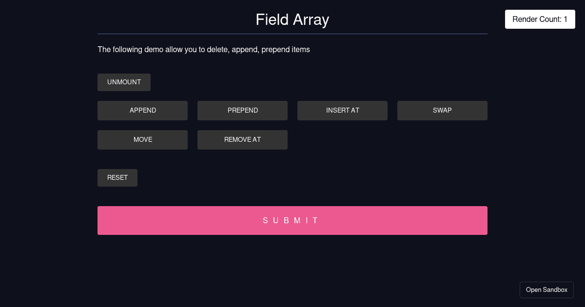 React Hook Form - useFieldArray Template (forked) - Codesandbox React Hook Form - useFieldArray Template (forked) - Codesandbox