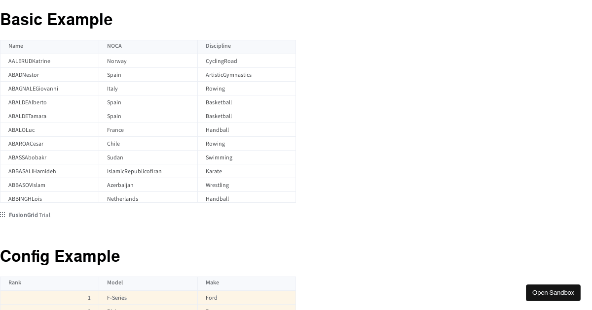 FusionGridExamples - Codesandbox