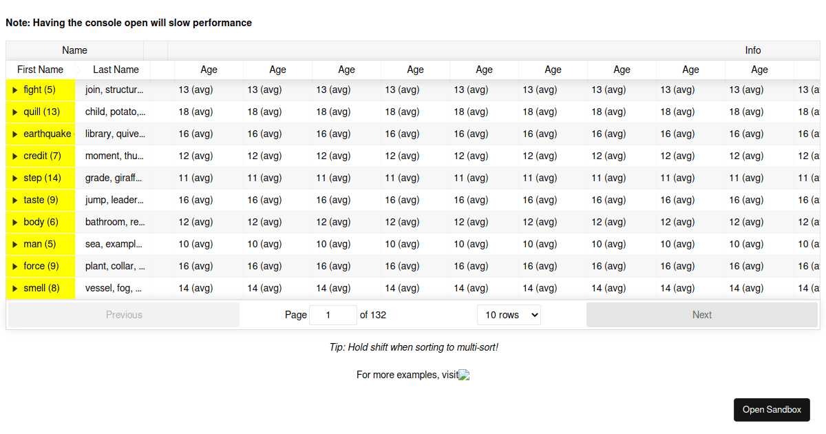 React-Table - 100k Rows + Aggregation - Codesandbox