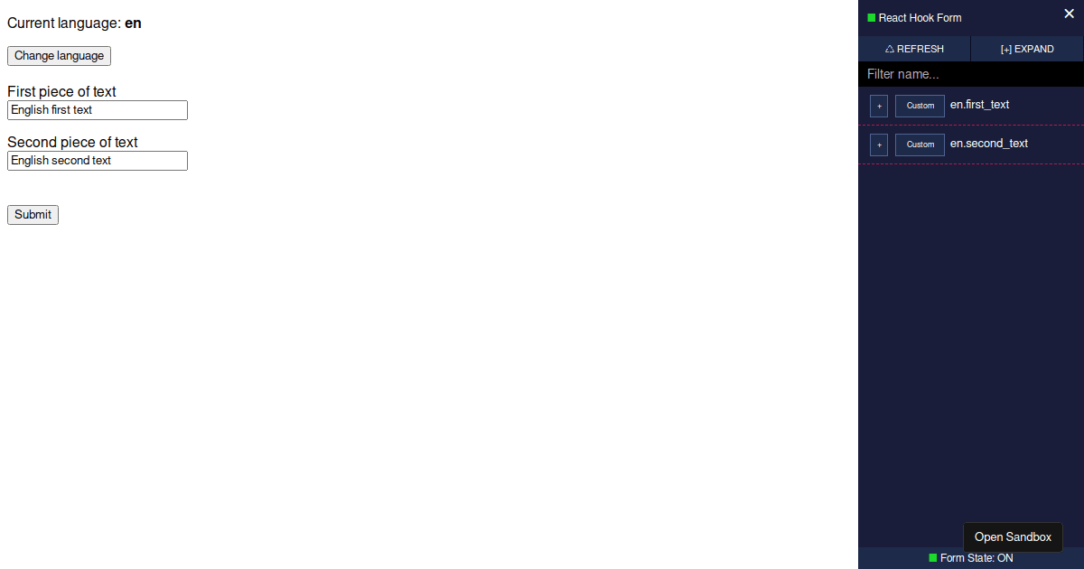 React hook form - with multi locale - Codesandbox