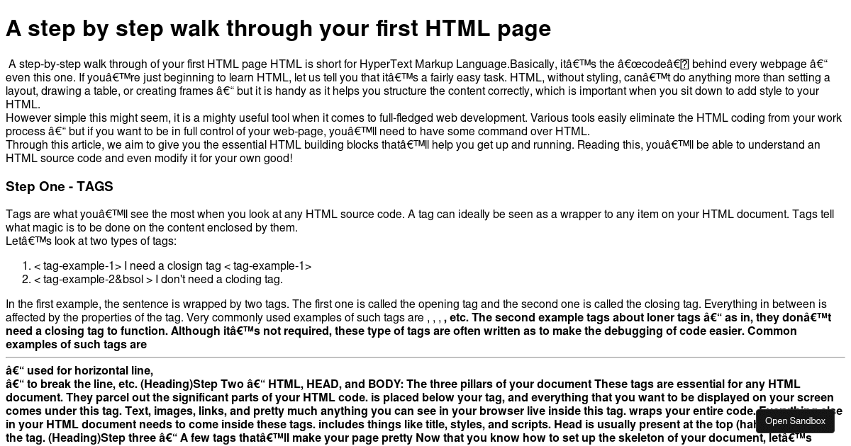 Blog: Walk through your first HTML page (forked) - Codesandbox