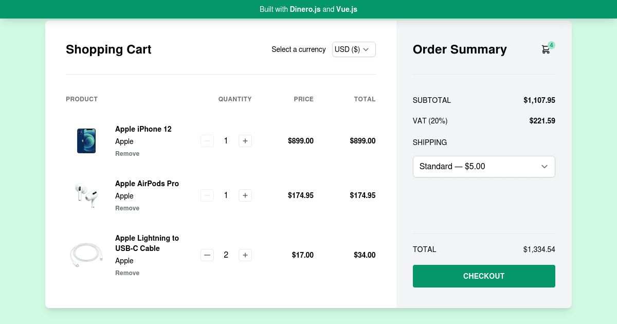 @dinero.js/example-cart-vue - Codesandbox
