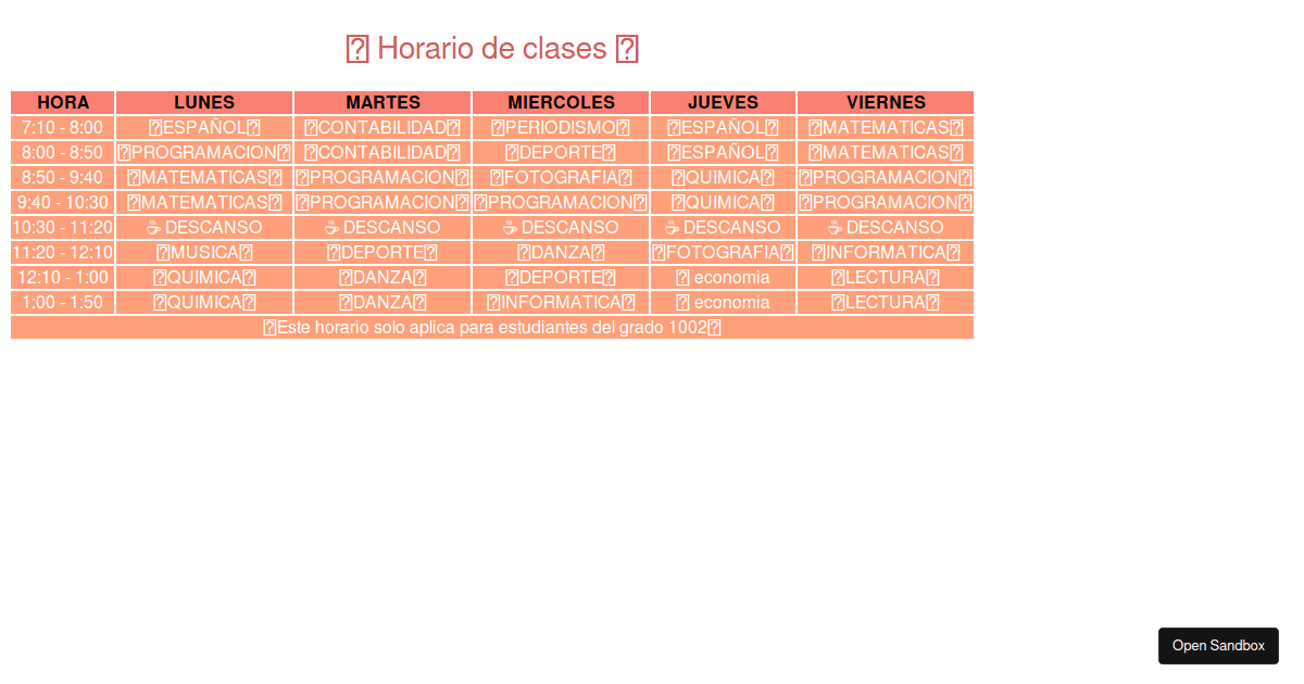 Horario Tablas de HTML - Codesandbox