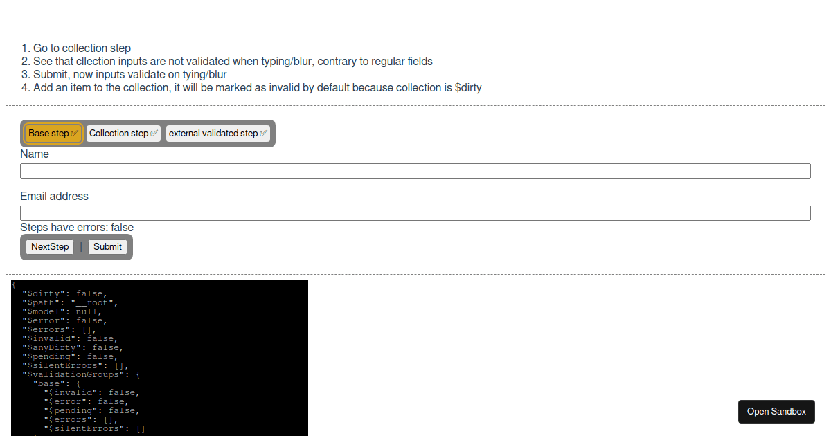 multi-step form with vuelidate + server errors + collection (bug) - Codesandbox