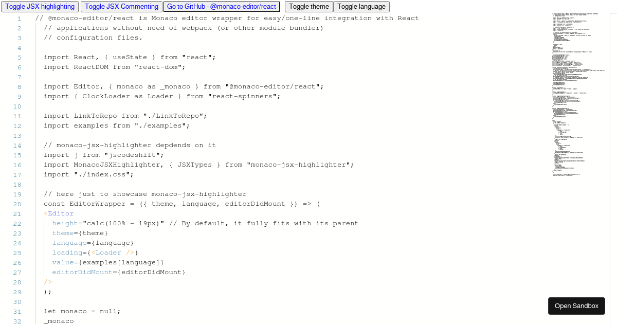 Monaco Editor React with JSX highlighting and commenting (forked) - Codesandbox
