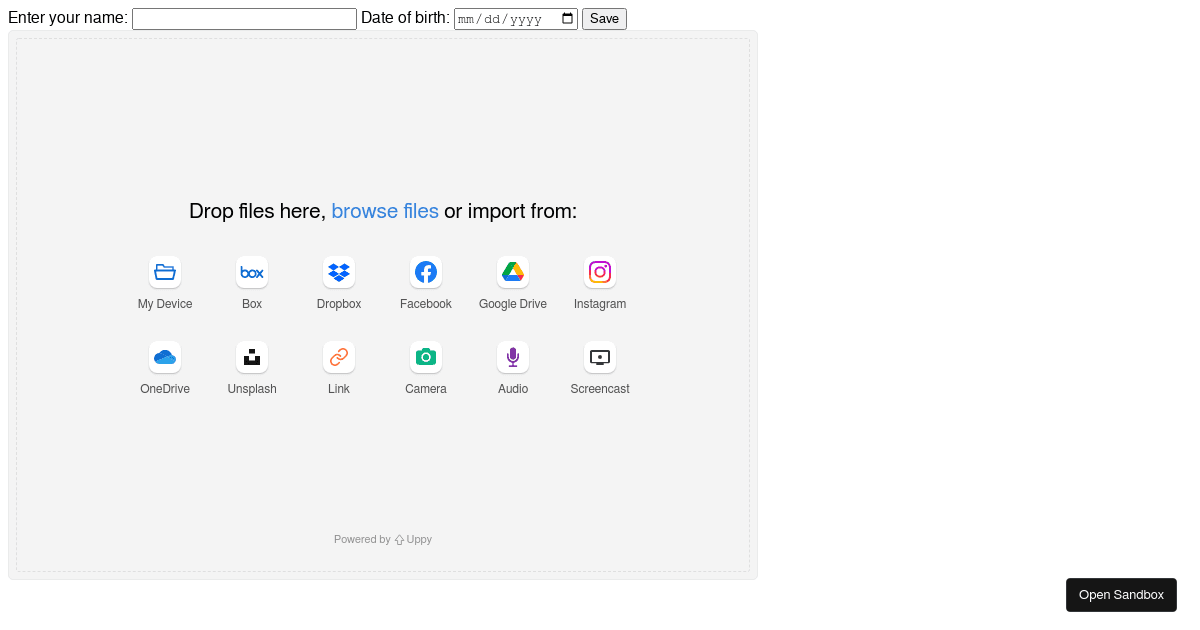 Uppy Dashboard with Form - Codesandbox