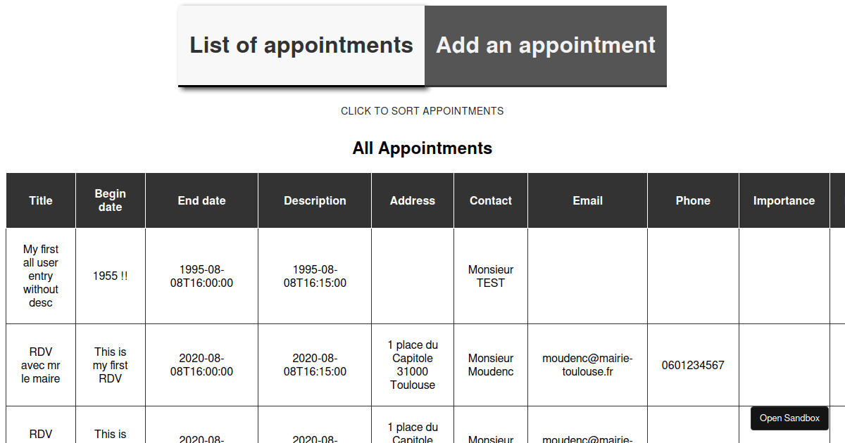 onglets appointments - Codesandbox