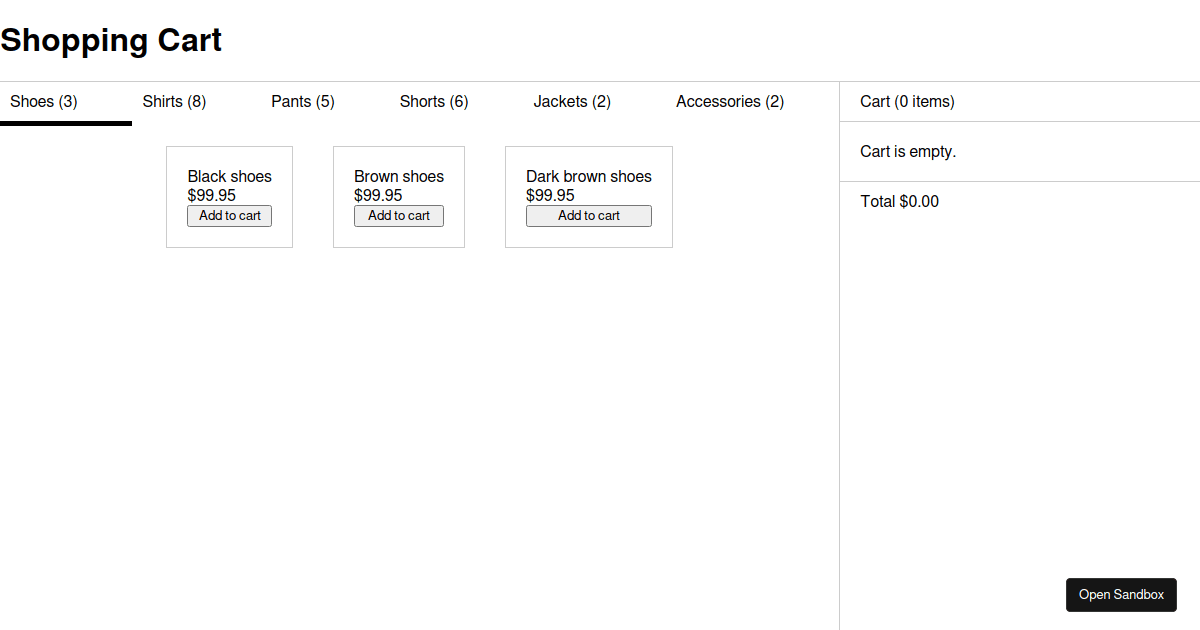 Shopping Cart React Hooks Web Components Event Bus Codesandbox