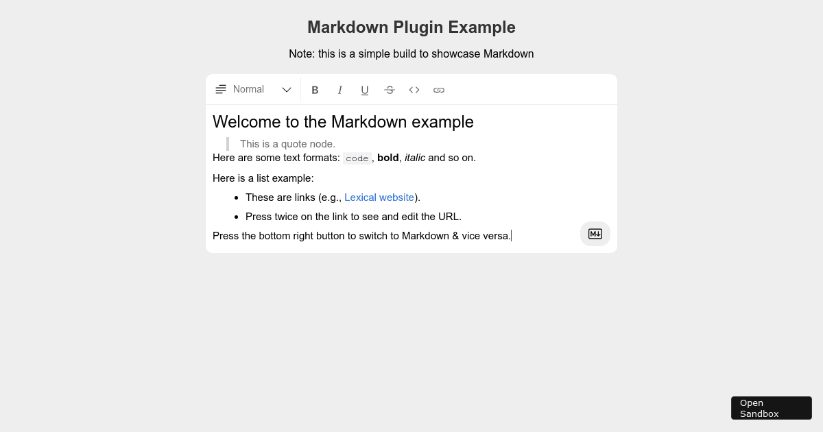 lexical-markdown-plugin-example (forked) - Codesandbox