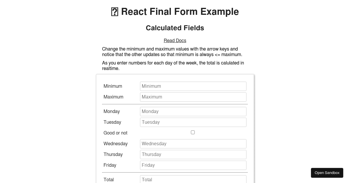 🏁 React Final Form - Calculated Fields - Codesandbox