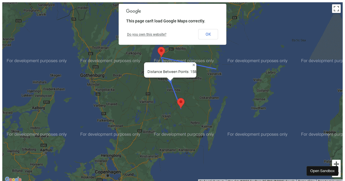 How to attach a text to React Google Maps Api Polyline using geometry library - Codesandbox