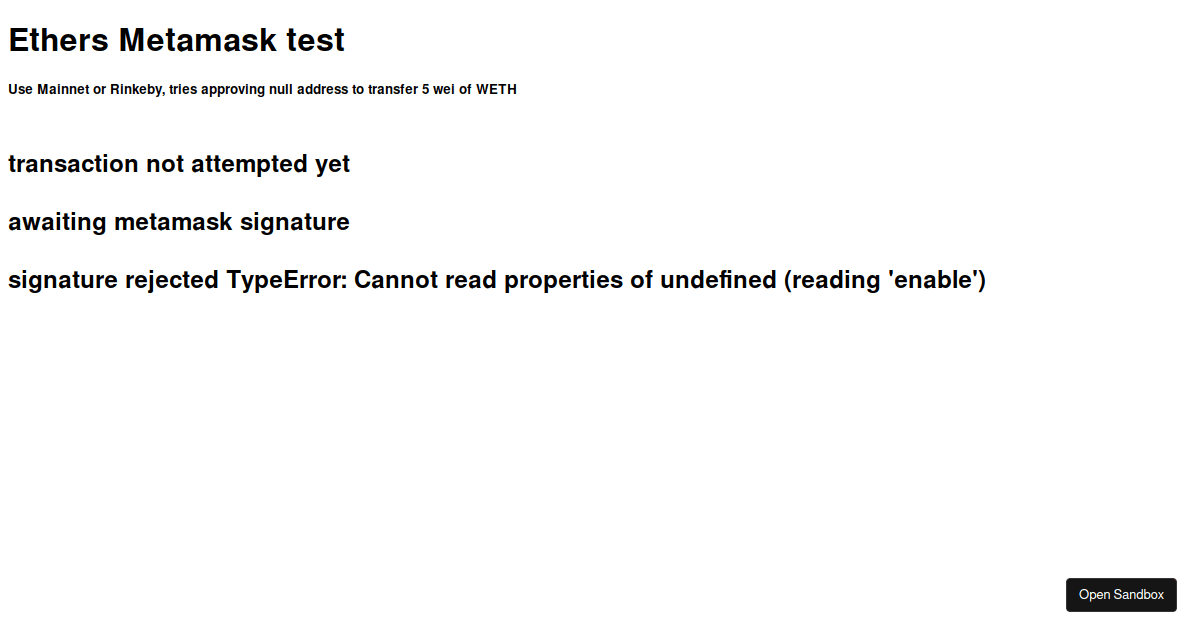 Ethers Metamask React (forked) - Codesandbox