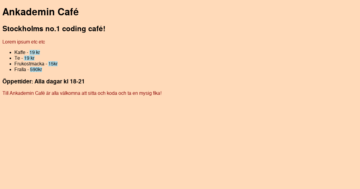 Exempellösning - Ankademin Café - Övningsuppgifter - Codesandbox