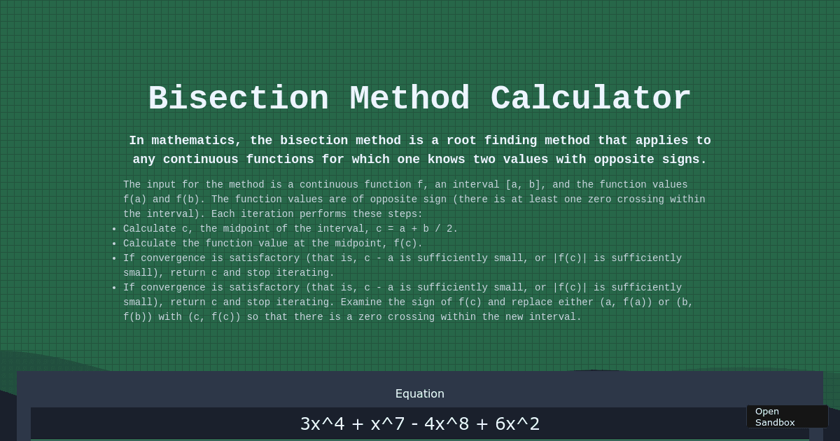 Bisection Method Calculator (forked) - Codesandbox