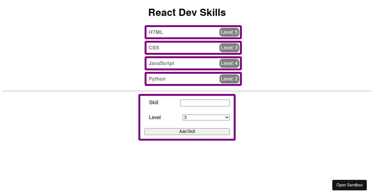 React Dev Skills Codesandbox