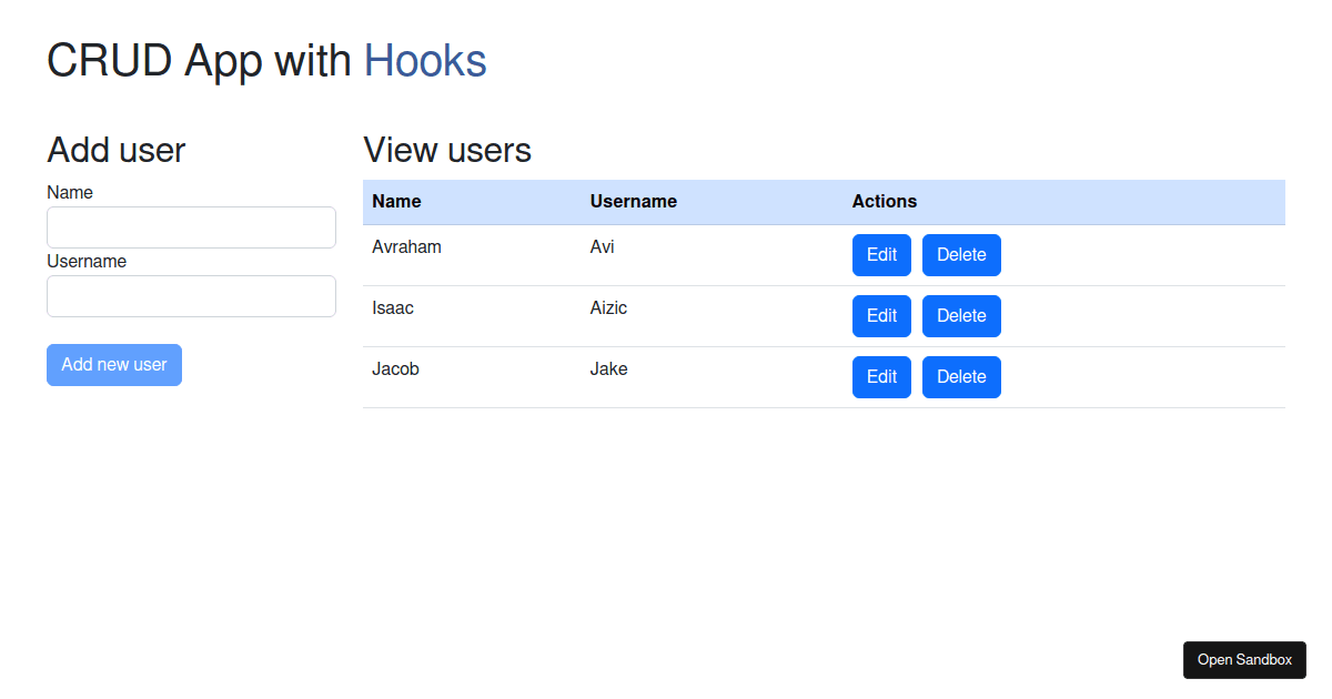 CRUD App with Hooks - Codesandbox