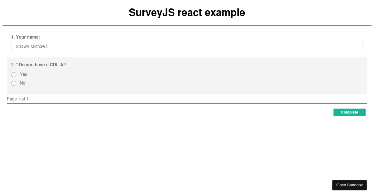 Surveyjs React Example Show React Component On Complete Forked Codesandbox