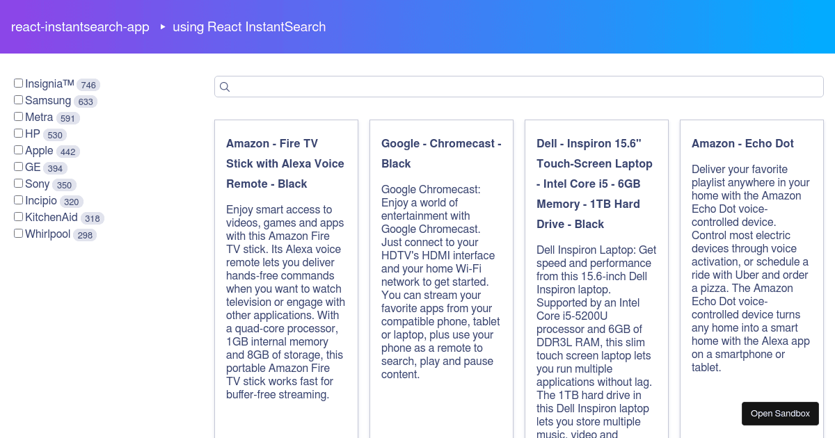 React Instantsearch App Codesandbox