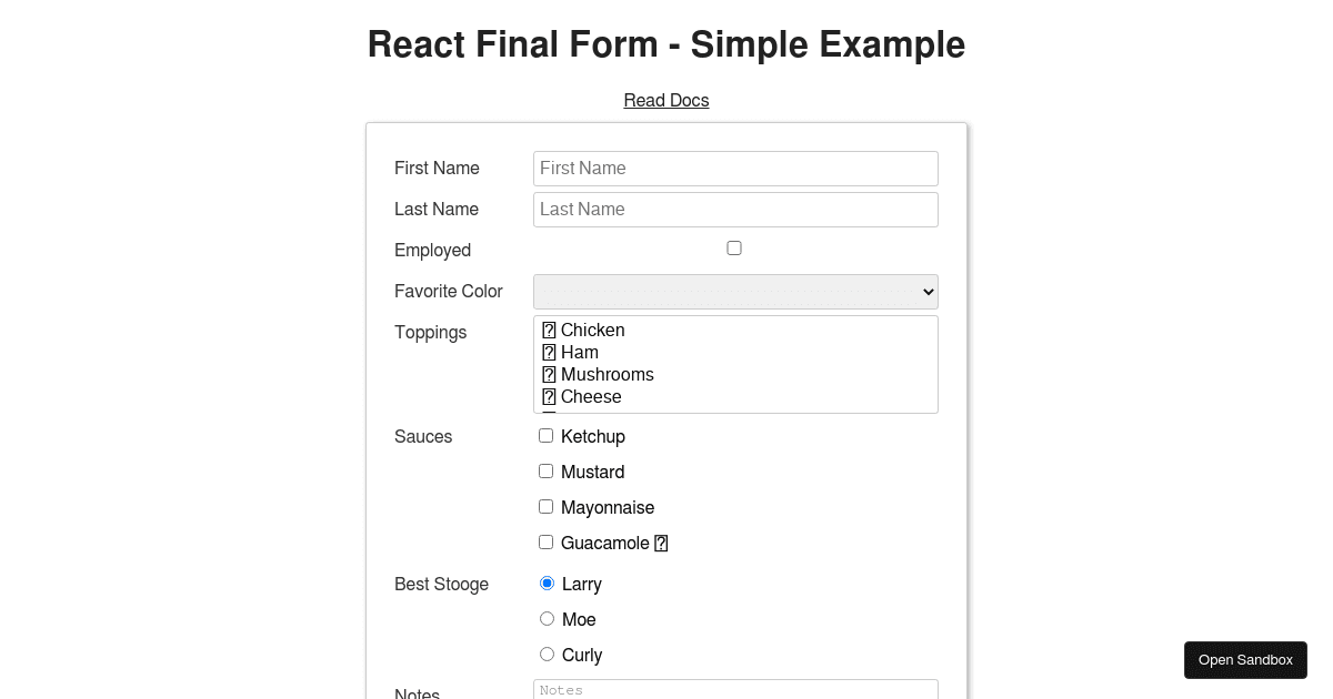 Final Form React Final Form Codesandbox
