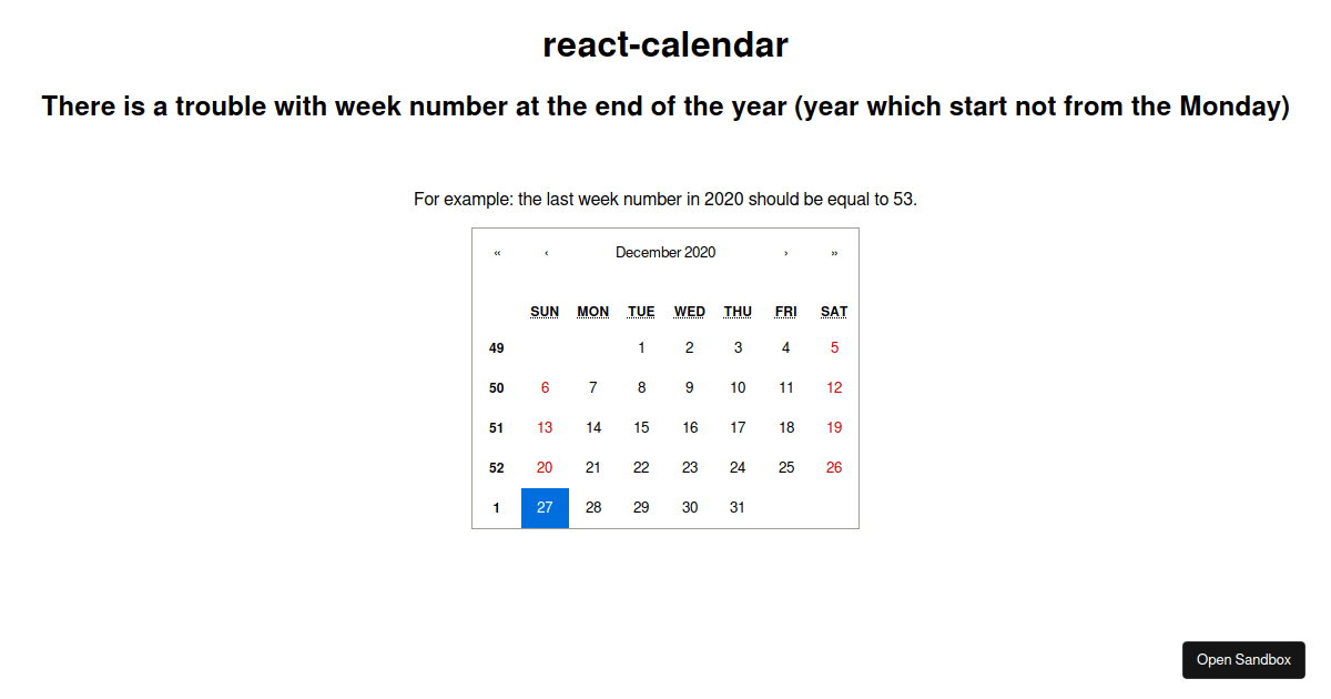 react-calendar wrong week numbers - Codesandbox