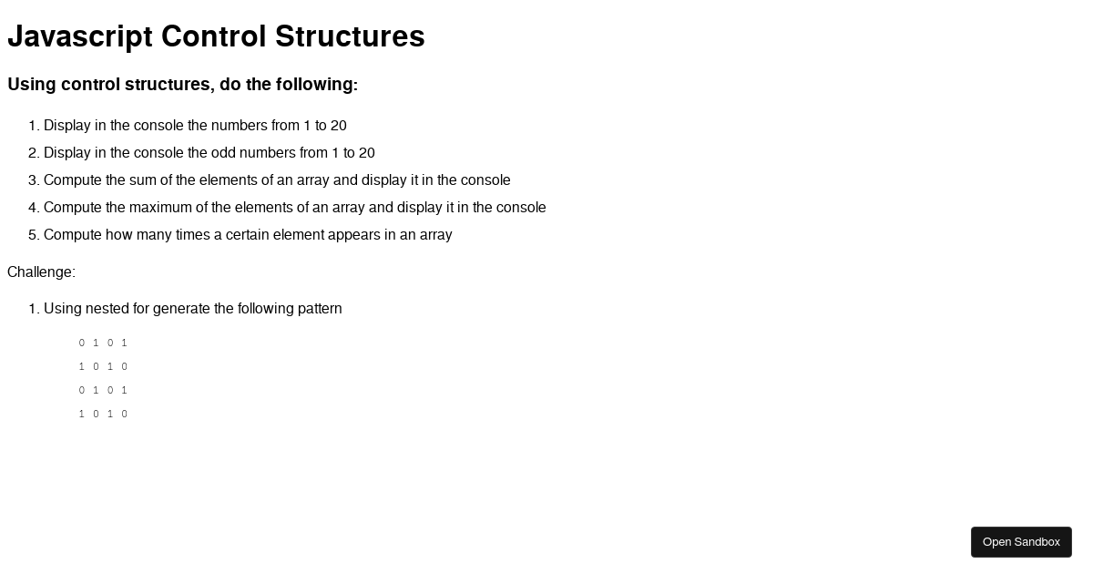 Javascript Control Structures Homework Codesandbox