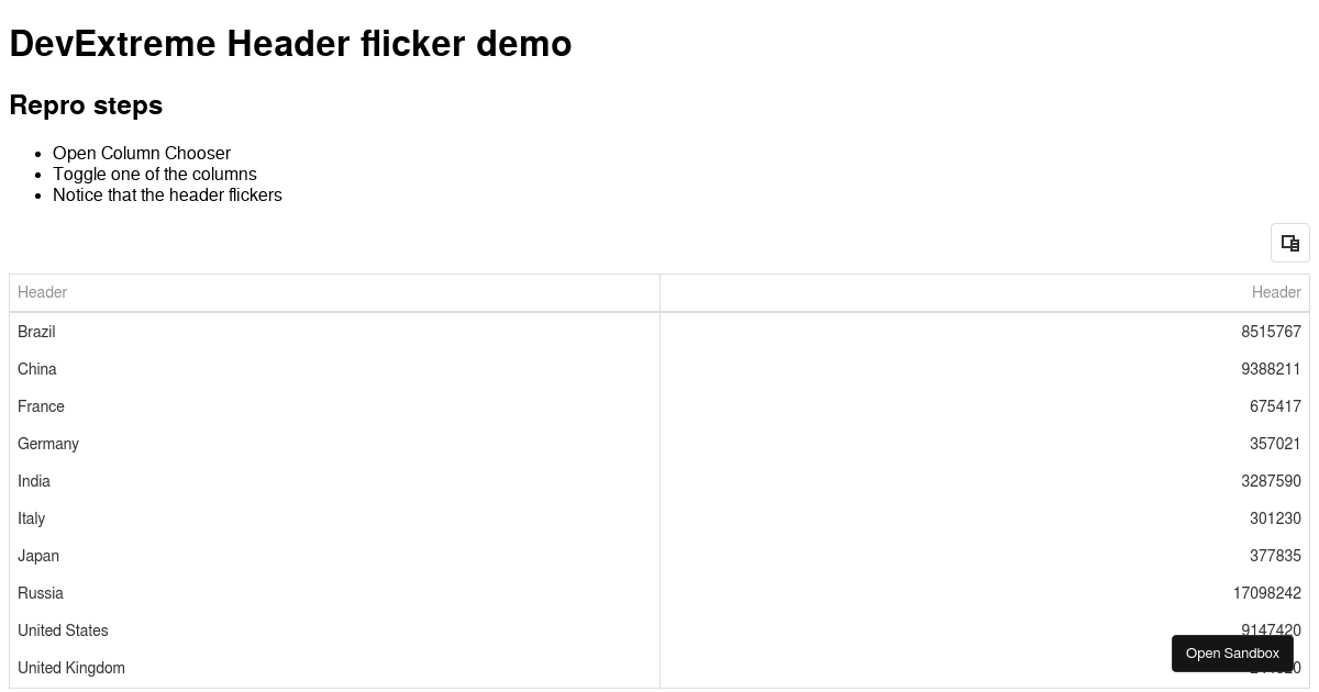 DevExtreme Data Grid - Header flicker demo - React 17 - Codesandbox