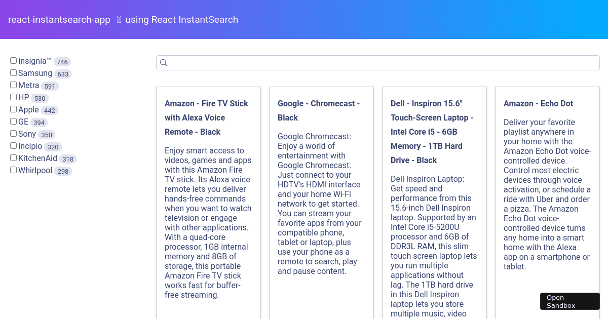 React Instantsearch App Codesandbox