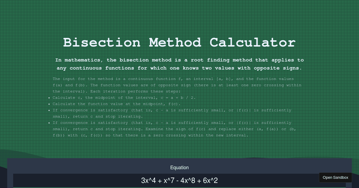 Bisection Method Calculator (forked) - Codesandbox