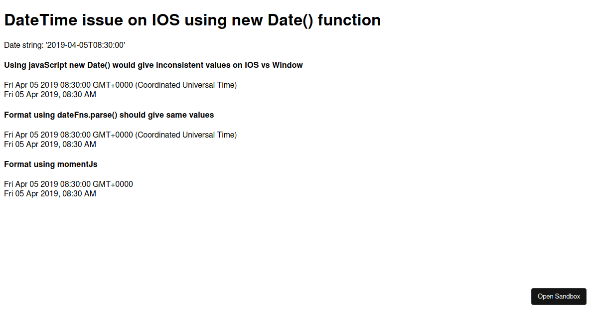 DateTime format issue on Safari - Codesandbox DateTime format issue on Safari - Codesandbox