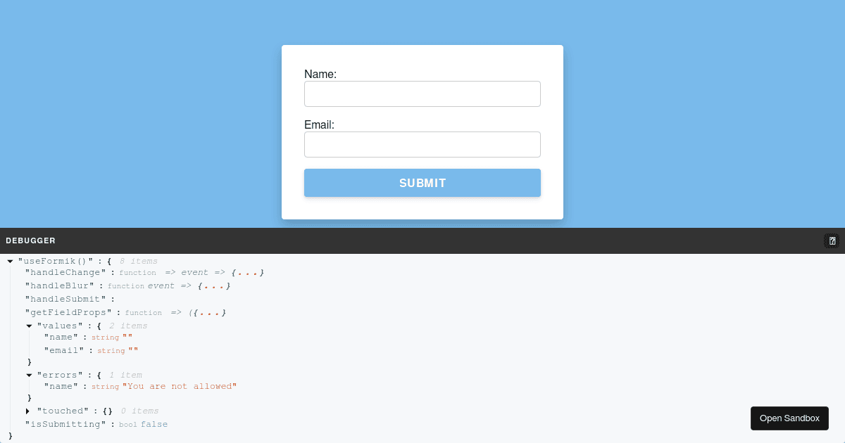 MiniFormik v2 (with React Hooks) - Codesandbox