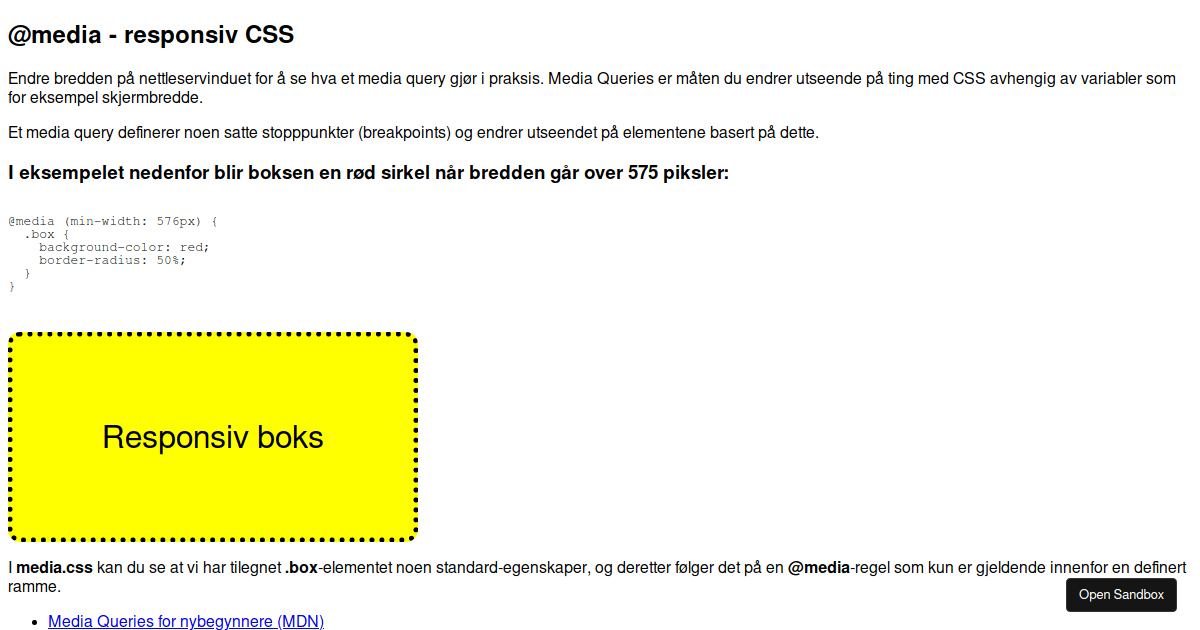 CSS: Media Queries og spesifisitet - Codesandbox