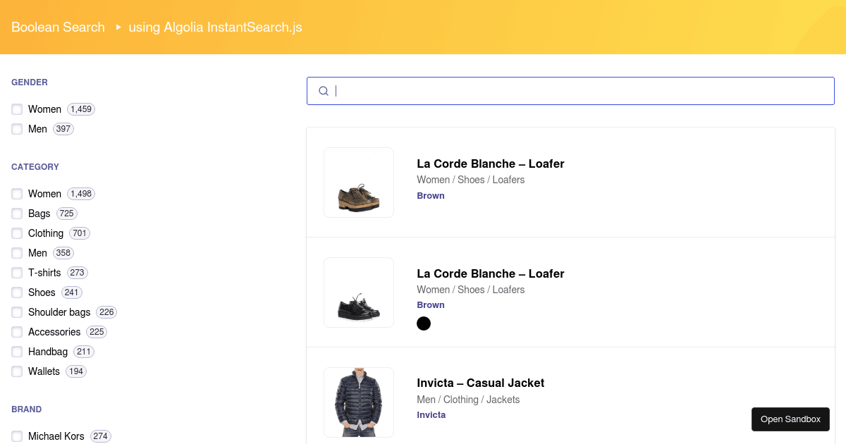 Algolia Instantsearchjs Boolean Search Codesandbox