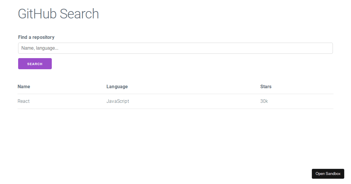 GitHub Search React Template - Codesandbox