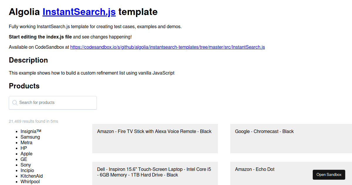 InstantSearch.js connectRefinementList vanilla JavaScript - Codesandbox