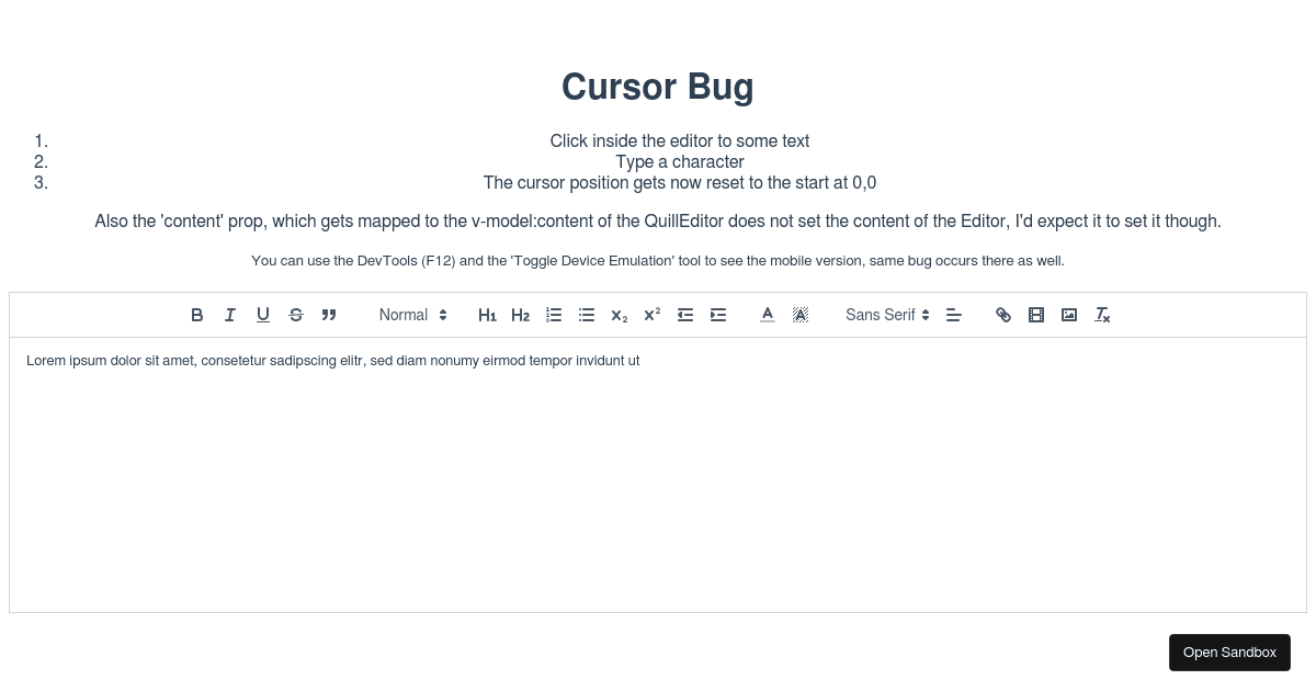 vue quill cursor bug (forked) - Codesandbox