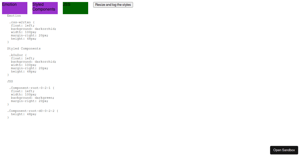 Rendering Emotion vs Styled Components vs JSS (forked) - Codesandbox