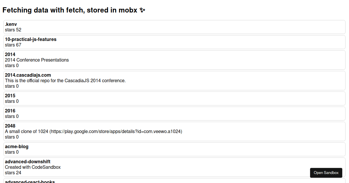 Fetch async combined with Mobx - Codesandbox