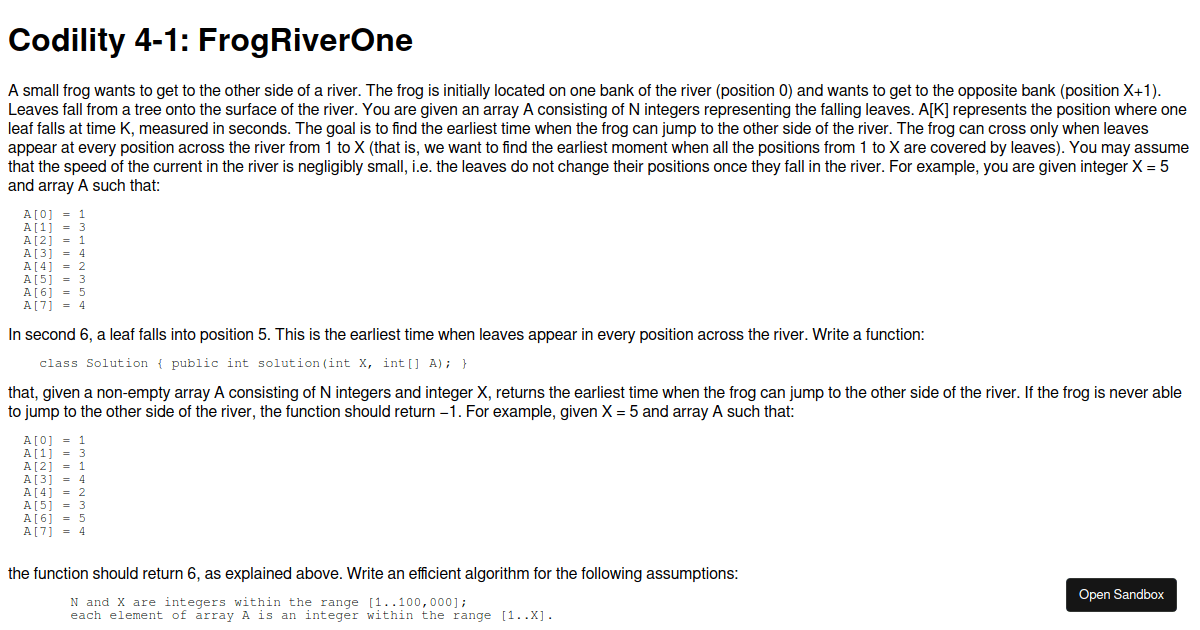 Codility 4-1: FrogRiverOne - Codesandbox