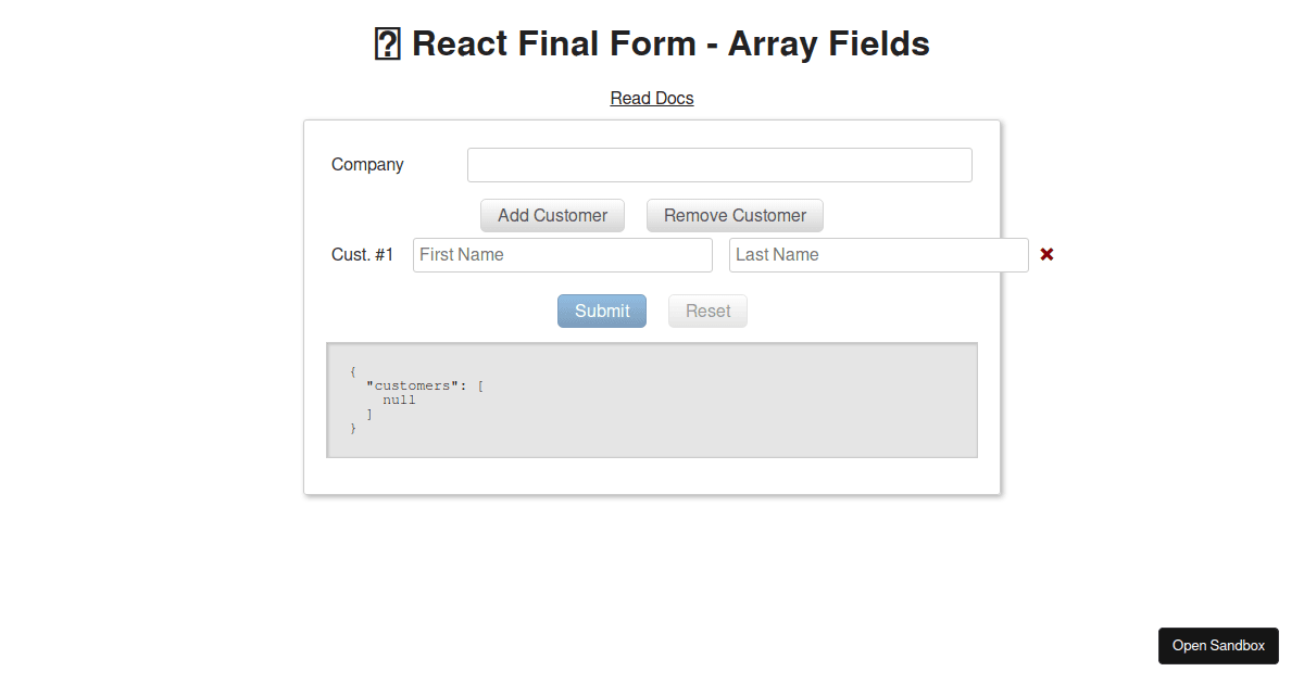 🏁 React Final Form Field Arrays Codesandbox